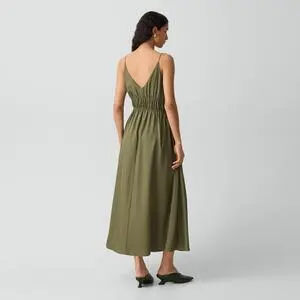 Theory Gathered V-neck Dress In Washed Twill - Forest Moss