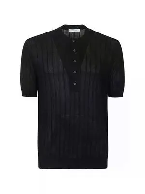 CRUCIANI Pointelle-knit Buttoned Short-sleeve Sweater - Black