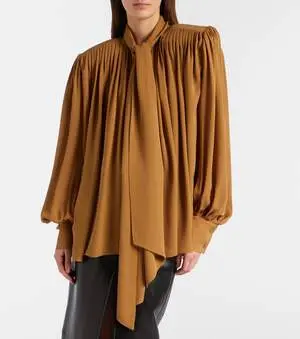 Khaite Vali Pleated Silk Georgette Blouse - Brown