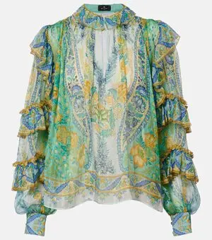 Etro Floral Ruffled Silk Blouse - Green