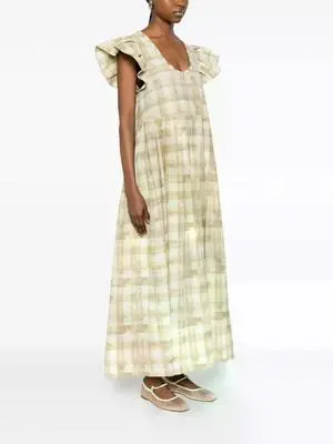 LEE MATHEWS Check-pattern Ruffled-sleeve Maxi Dress