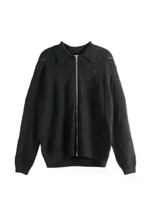 VOWELS Eyelet Heart-motif Pointelle-knit Jacket - Black