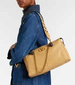 Valentino Garavani Panthea Vlogo Leather Shoulder Bag - Beige