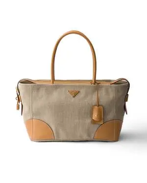 Prada Large Linen And Leather Tote Bag - Neutral