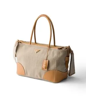 Prada Large Linen And Leather Tote Bag - Neutral