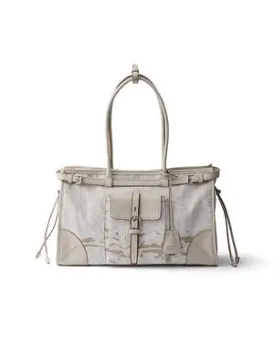 Prada Bonnie Large Printed Linen And Leather Handbag - White