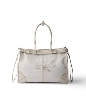 Prada Bonnie Printed Linen And Leather Tote Bag - White
