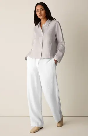 Eileen Fisher Classic Collar Striped Linen Blend A-line Jacket - Wheat