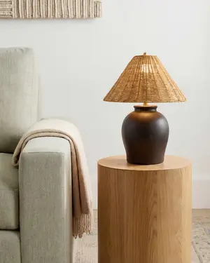 Quince Artisan Ceramic Table Lamp With Rattan Shade