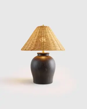 Quince Artisan Ceramic Table Lamp With Rattan Shade