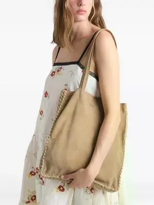 Prada Large Suede Crochet-detail Tote Bag - Neutrals