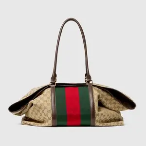 Gucci Gg Canvas Duffle Bag With Web Detail - Beige