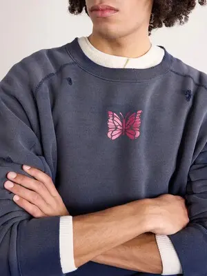 Needles Logo-print Distressed Cotton-jersey Sweatshirt - Blue