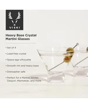 VISKI Raye Heavy Base Crystal Stemless Martini Glasses, Set Of 4