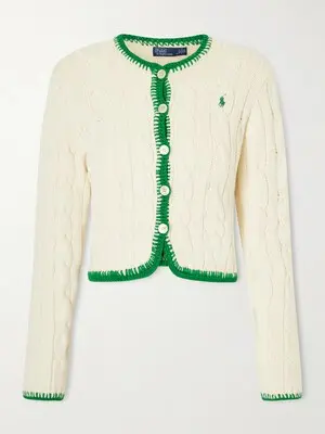 Polo Ralph Lauren Embroidered Cable-knit Cotton-blend Cardigan - Neutrals