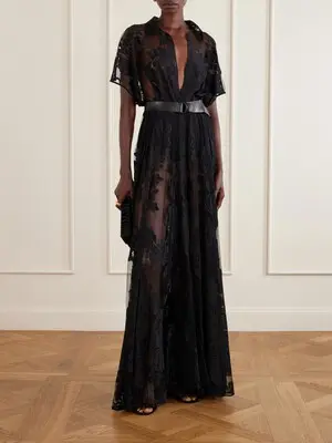 Norma Kamali Belted Embroidered Mesh Gown