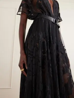 Norma Kamali Belted Embroidered Mesh Gown