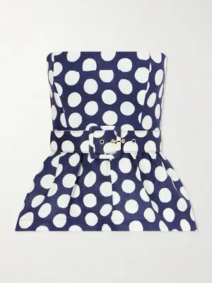 Cara Cara Tilda Strapless Belted Peplum Polka Dot Linen Top - Blue