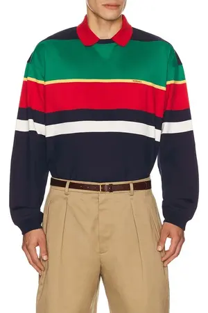 Versace Striped Cotton Jersey Long Sleeve Polo Shirt