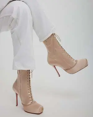 CHRISTIAN LOUBOUTIN Pavlova 100 Lace Up Satin Boots - Beige