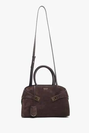 FERRAGAMO Hug Small Suede Top Handle Bag - Brown