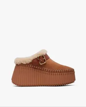 Chloé Nama Shearling Wedge Mules - Brown