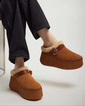 Chloé Nama Shearling Wedge Mules - Brown