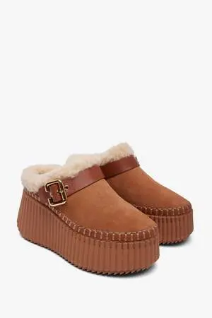 Chloé Nama Shearling Wedge Mules - Brown