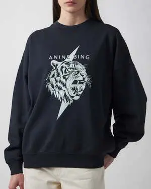ANINE BING Miles Tiger Graphic Oversized Cotton Fleece Sweatshirt