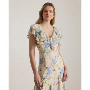 Ralph Lauren Floral Ruffle-trim Georgette Gown - Blue Multi
