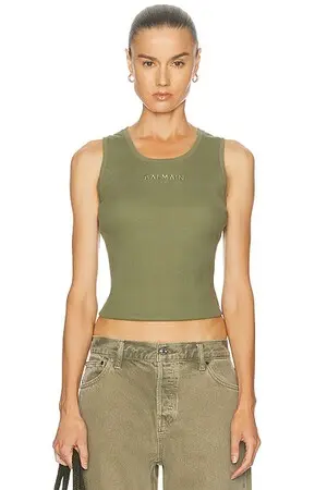 Balmain Small Paris Embroidered Jersey Tank Top - Vert