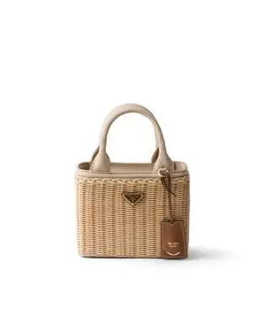Prada Wicker And Canvas Tote Bag - Tan