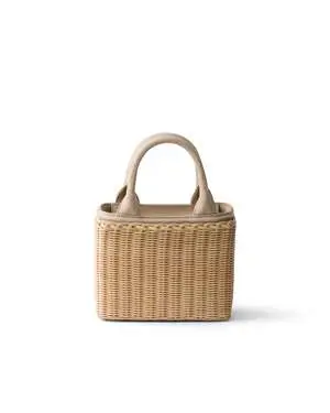 Prada Wicker And Canvas Tote Bag - Tan