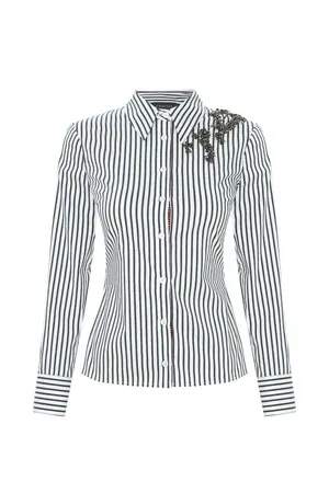 EXQUISE Slim Embroidered Striped Albina Shirt - Blue