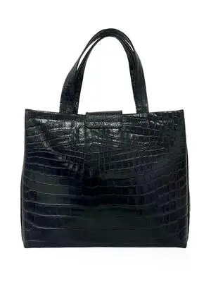 FERRAGAMO Croc Embossed Leather Vara Bow Satchel - Black