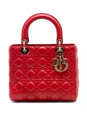 Dior 2015 Medium Lambskin Cannage Lady Satchel - Red