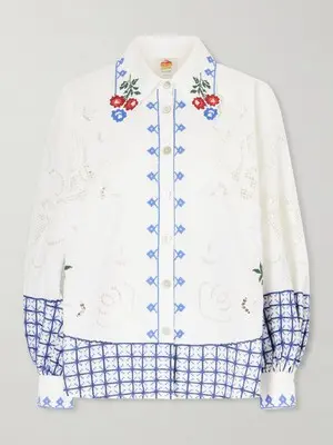 Farm Rio Embroidered Broderie Anglaise Cotton Shirt - Neutrals