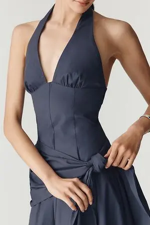 NIA Cadiz Cotton Halter Tie Midi Dress - Navy