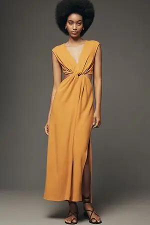 Anthropologie V-neck Cutout Midi Dress - Mustard