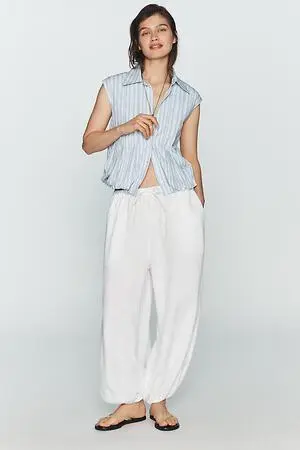 Maeve Sleeveless Pleated Bubble-hem Buttondown Top - Blue Stripe
