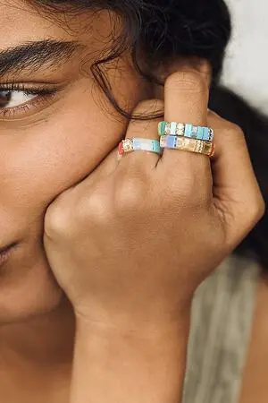 Anthropologie Beaded Chicklet Rings Set Of 3 - Multi