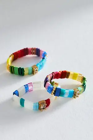 Anthropologie Beaded Chicklet Rings Set Of 3 - Multi