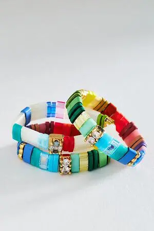 Anthropologie Beaded Chicklet Rings Set Of 3 - Multi