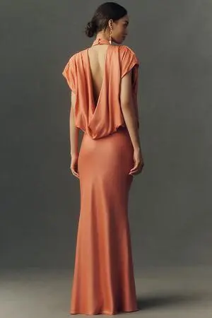 Bhldn Plunge Cowl-neck Satin Maxi Dress