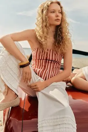 MARE MARE Strapless Pleated Cotton Top - Red Pink Stripe