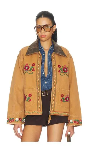 FOUND Embroidered Canvas Work Jacket With Leather Collar