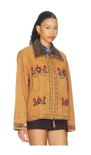 FOUND Embroidered Canvas Work Jacket With Leather Collar