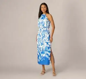 Adrianna Papell Scroll Print Chain Halter Midi Dress