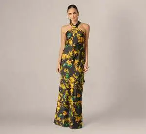 Adrianna Papell Floral Scarf Halter Gown - Black Multi
