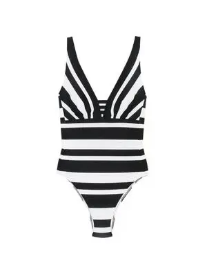 MARYAN MEHLHORN Striped V-neck One-piece Swimsuit - Black